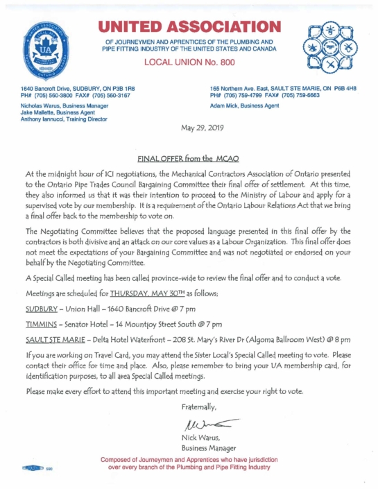 Plumbers Union Local 800 | FINAL OFFER from the MCAO