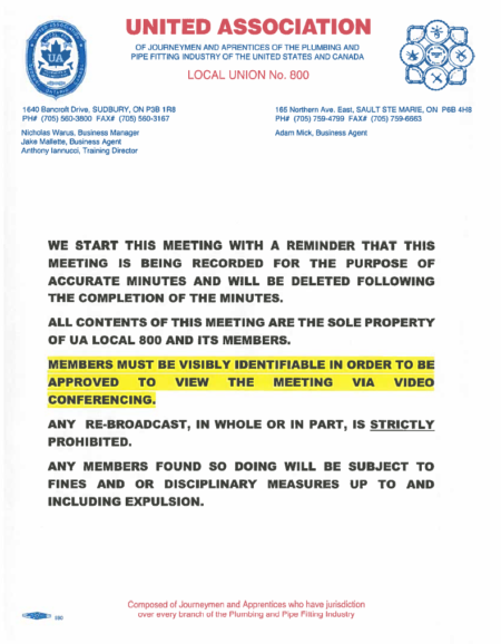 UA LOCAL 800 has scheduled a Zoom meeting on MONDAY APRIL 5TH, 2021 at ...